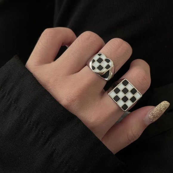 Jewelry | 925 Silver Checkered Ring Square Signet Ring Heart Ring Black ...